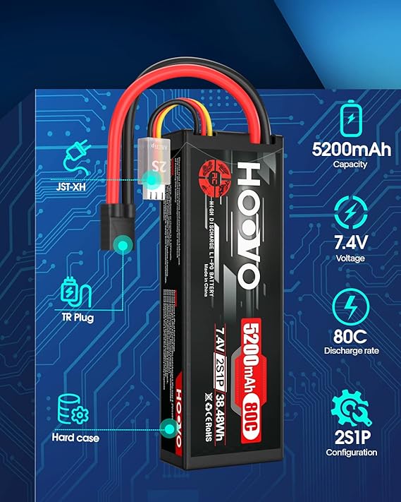HOOVO 2S Lipo Battery 7.4V 80C 5200mAh RC Battery with TR Plug Hard Ca – EVS Hobbies USA